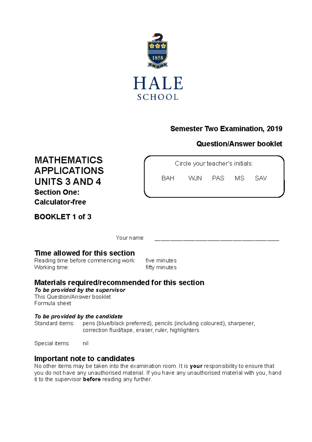 2019 12 APPS S2 Exam Calc Free - Semester Two Examination, 2019 ...