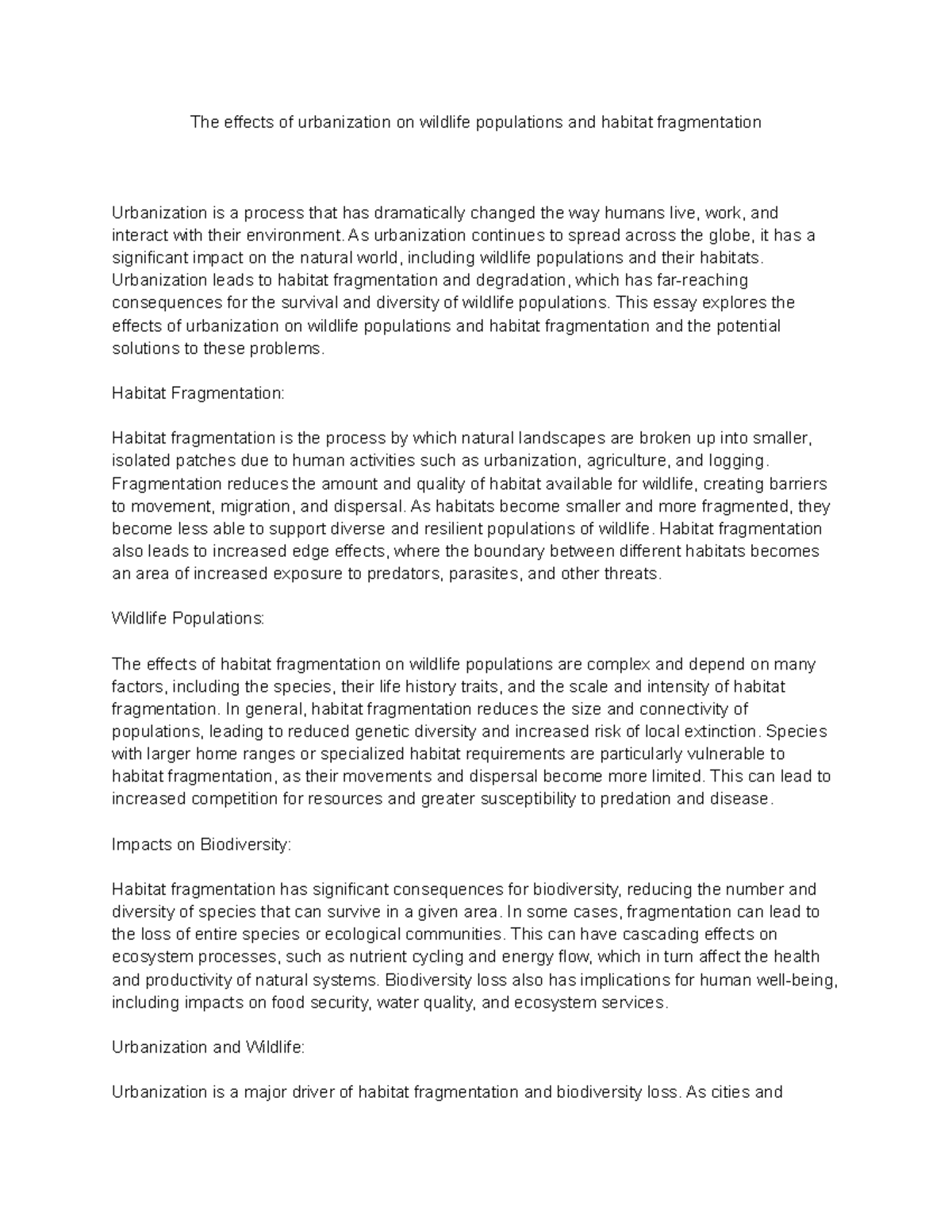 Effects of Urbanization on Wildlife Populations and Habitat ...