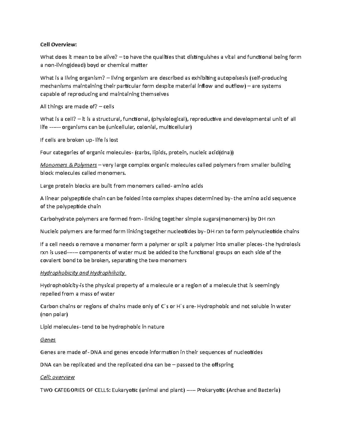 BIOL 120 Midterm Notes - Cell Overview: What does it mean to be alive ...