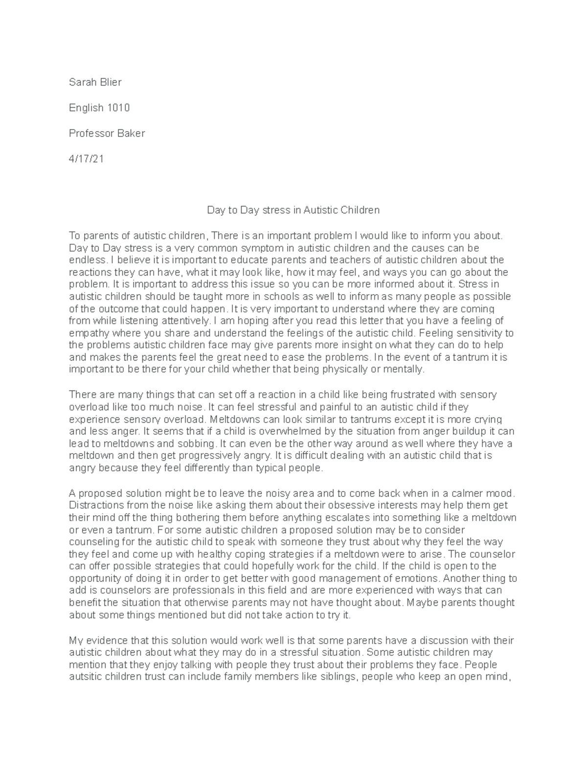 Updated autism letter P4 - Sarah Blier English 1010 Professor Baker 4 ...