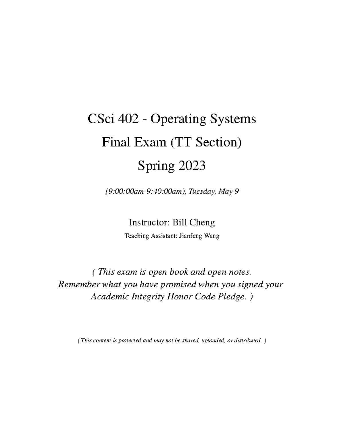 Final-exam - finals - CSci 402 - Operating Systems Final Exam (TT Section) Spring 2023 - Studocu