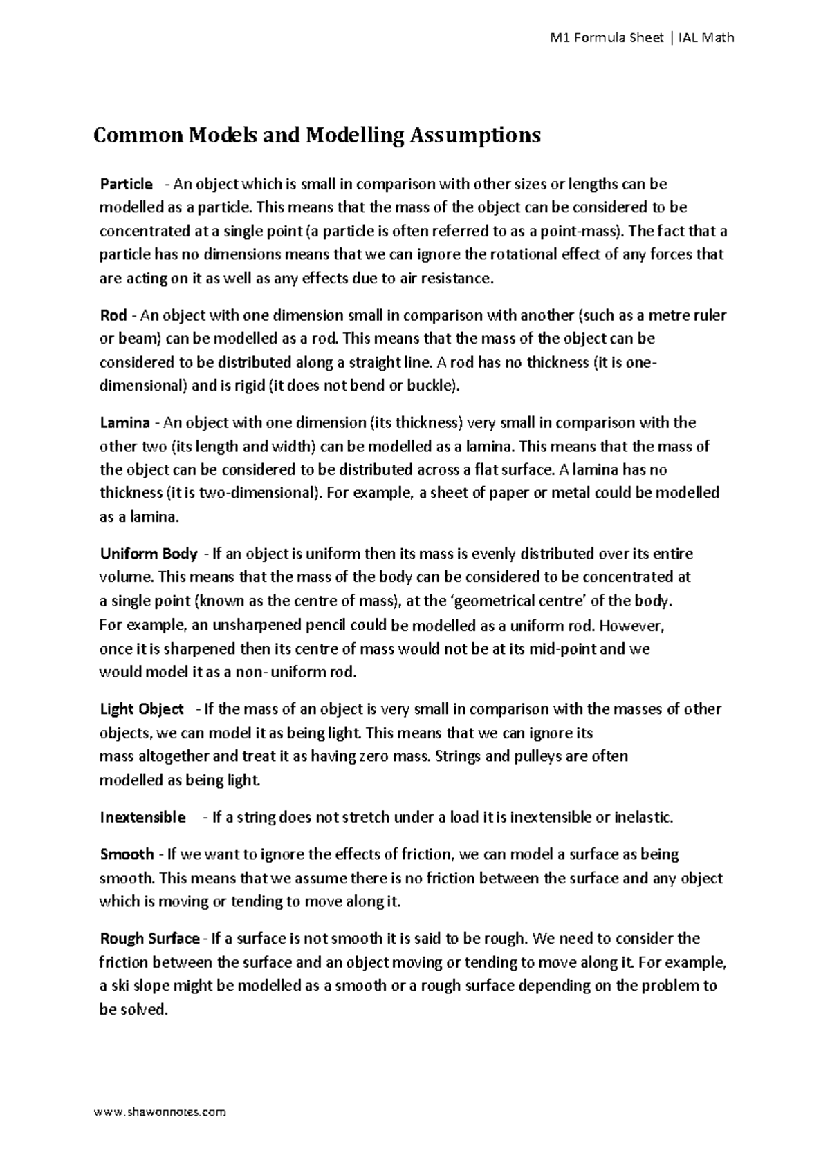 M1 Formula sheet - Lecture notes - Common Models and Modelling ...