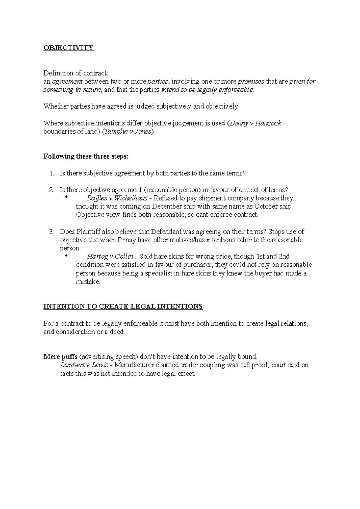 Contract notes - OBJECTIVITY Definition of contract: - Studocu