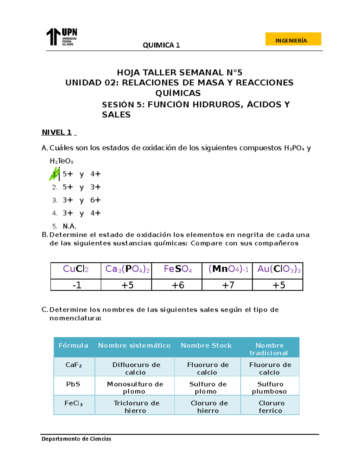 Hoja Taller Grupal N° 6 Hidruros , Ácidos y Sales - QUIMICA 1 HOJA TALLER SEMANAL N° UNIDAD 02 ...