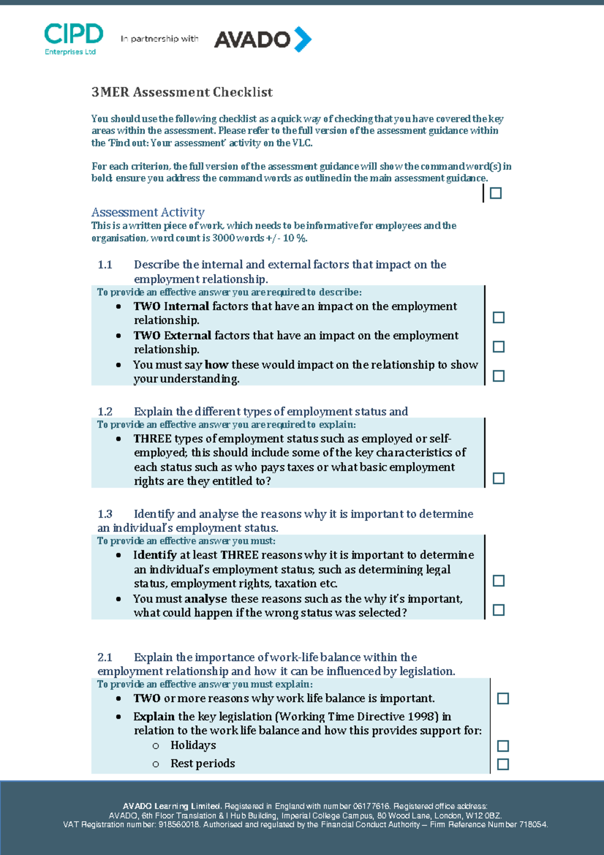 3MER Assessment Checklist - AVADO Learning Limited. Registered in ...