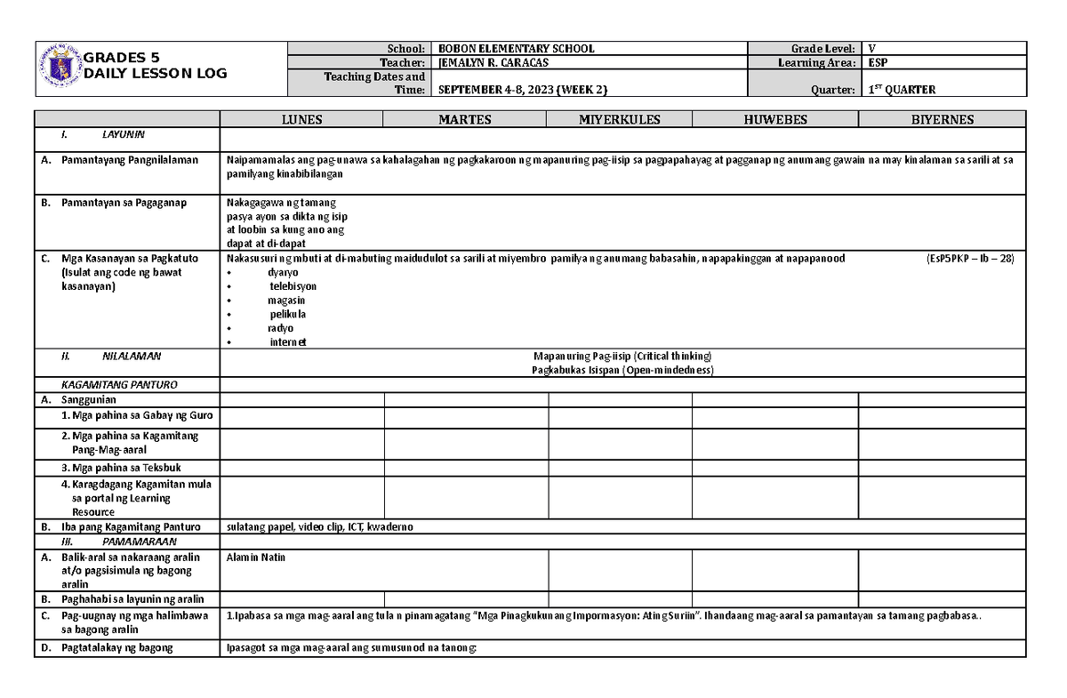DLL ESP 5 Q1 W2 COPY - DLL - GRADES 5 DAILY LESSON LOG School: BOBON ...
