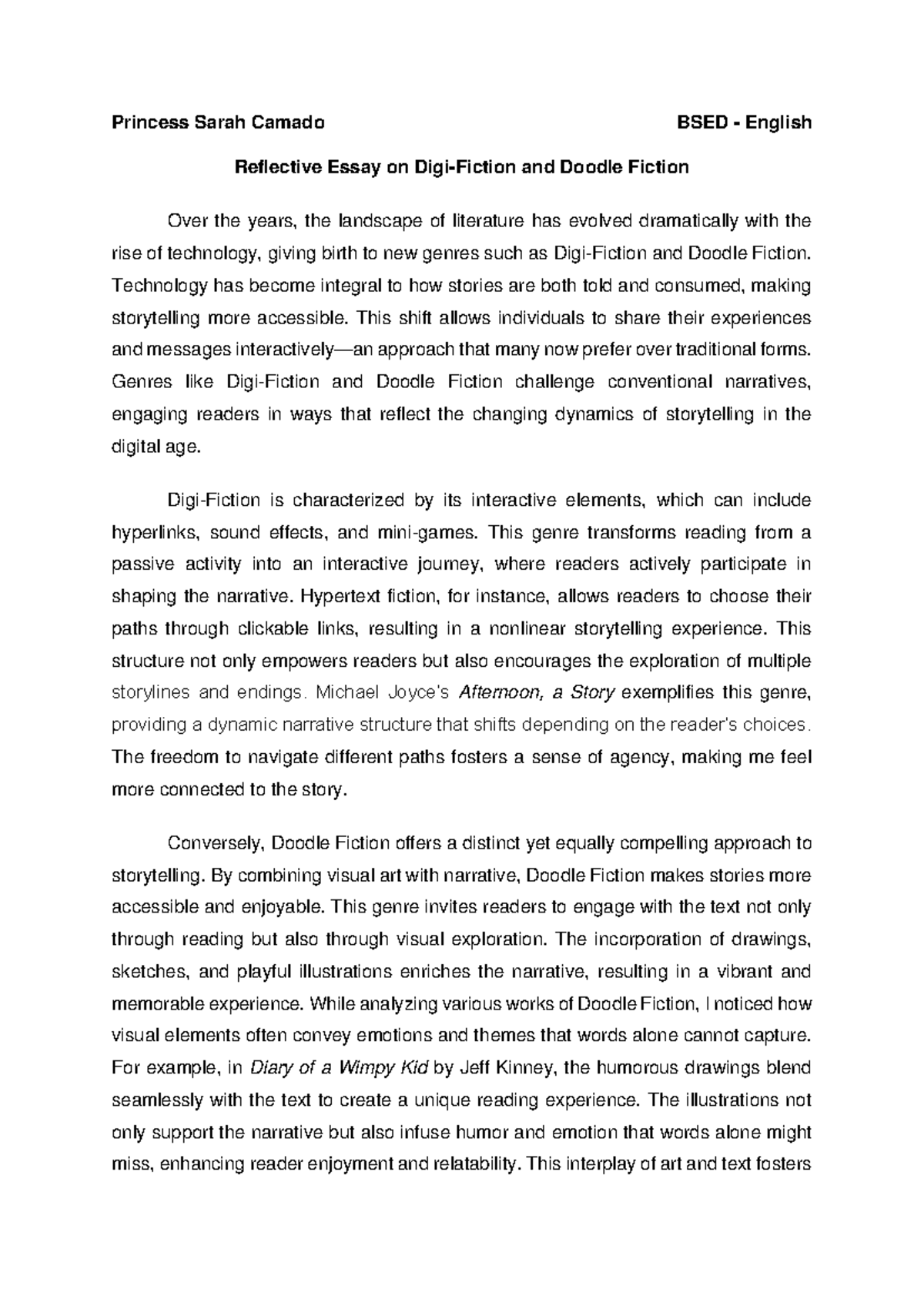Reflective Essay - Princess Sarah Camado BSED - English Reflective ...