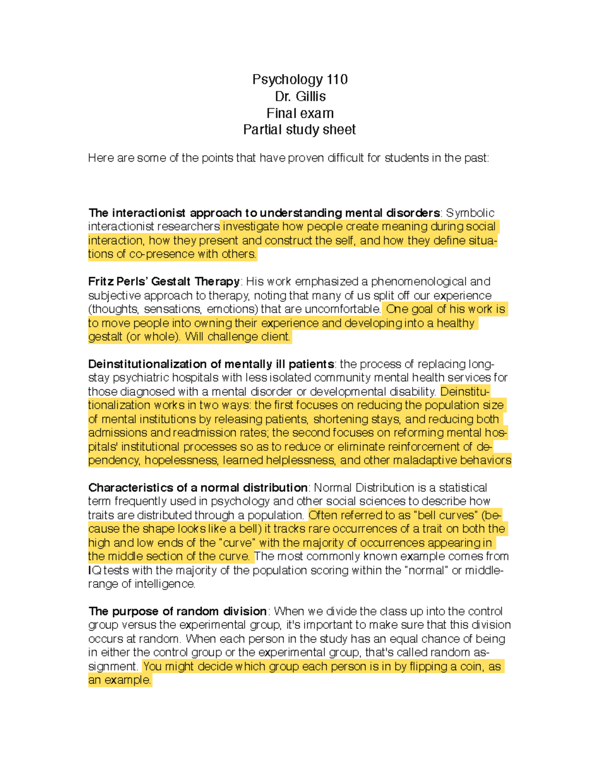 Psy110 complete final exam study guide - Psychology 110 Dr. Gillis ...