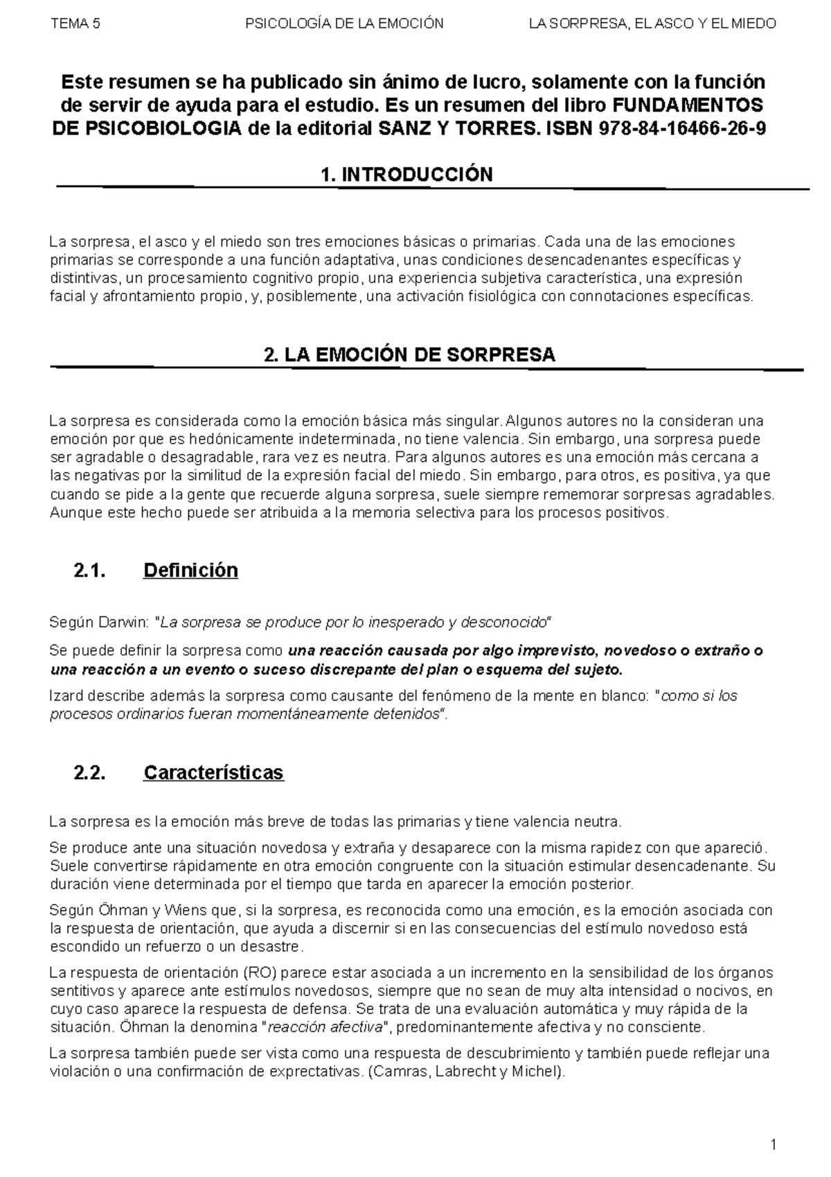 Tema 5 Psicologia de la emoción La sorpresa, el asco y el miedo - Este ...