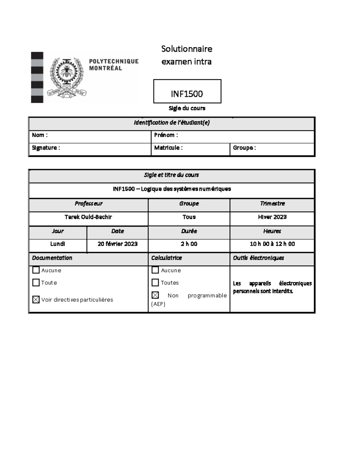 INF1500 Intra 1 H2023 QS - Solutionnaire examen intra INF Sigle du ...