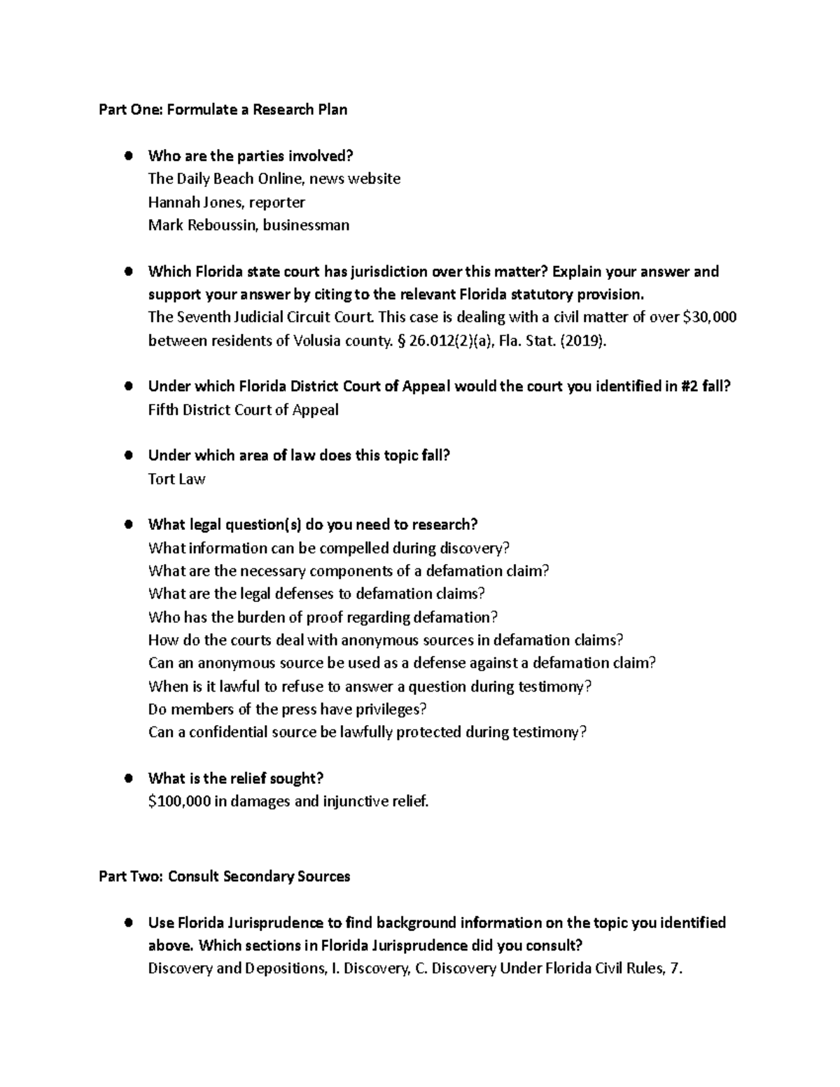 Legal Research Midterm - Part One: Formulate a Research Plan Who are ...