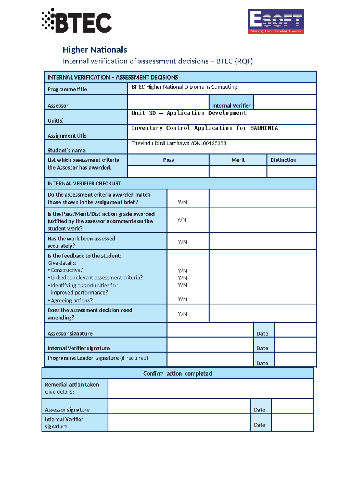 Unit 30 Application Development Reworded 2021 - Higher Nationals Internal verification of ...