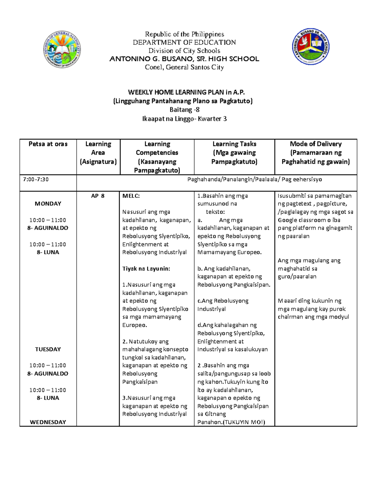 Antoque Weekly Home Learning Plan AP8 LAS 4-Q3 - Technical Writing - MSU GENSAN - Studocu