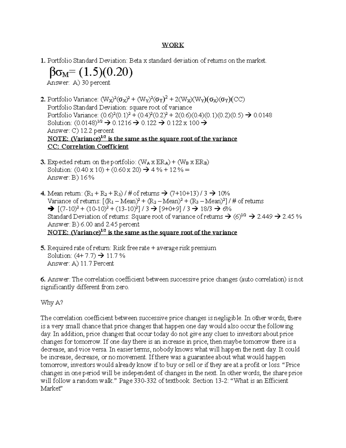 Practice Test #2 FIN 3414 Worksheet - WORK 1. Portfolio Standard ...