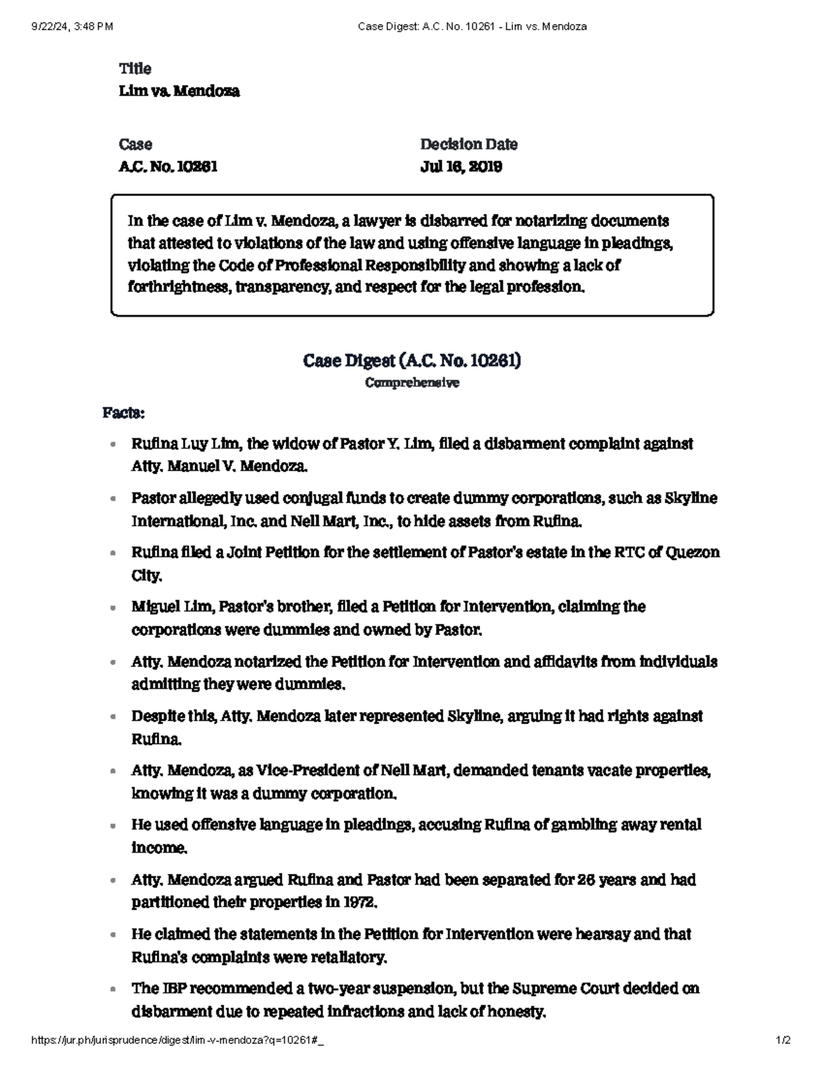 11 A.C. No. 10261 - Lim vs. Mendoza - Title Lim vs. Mendoza Case A. No ...