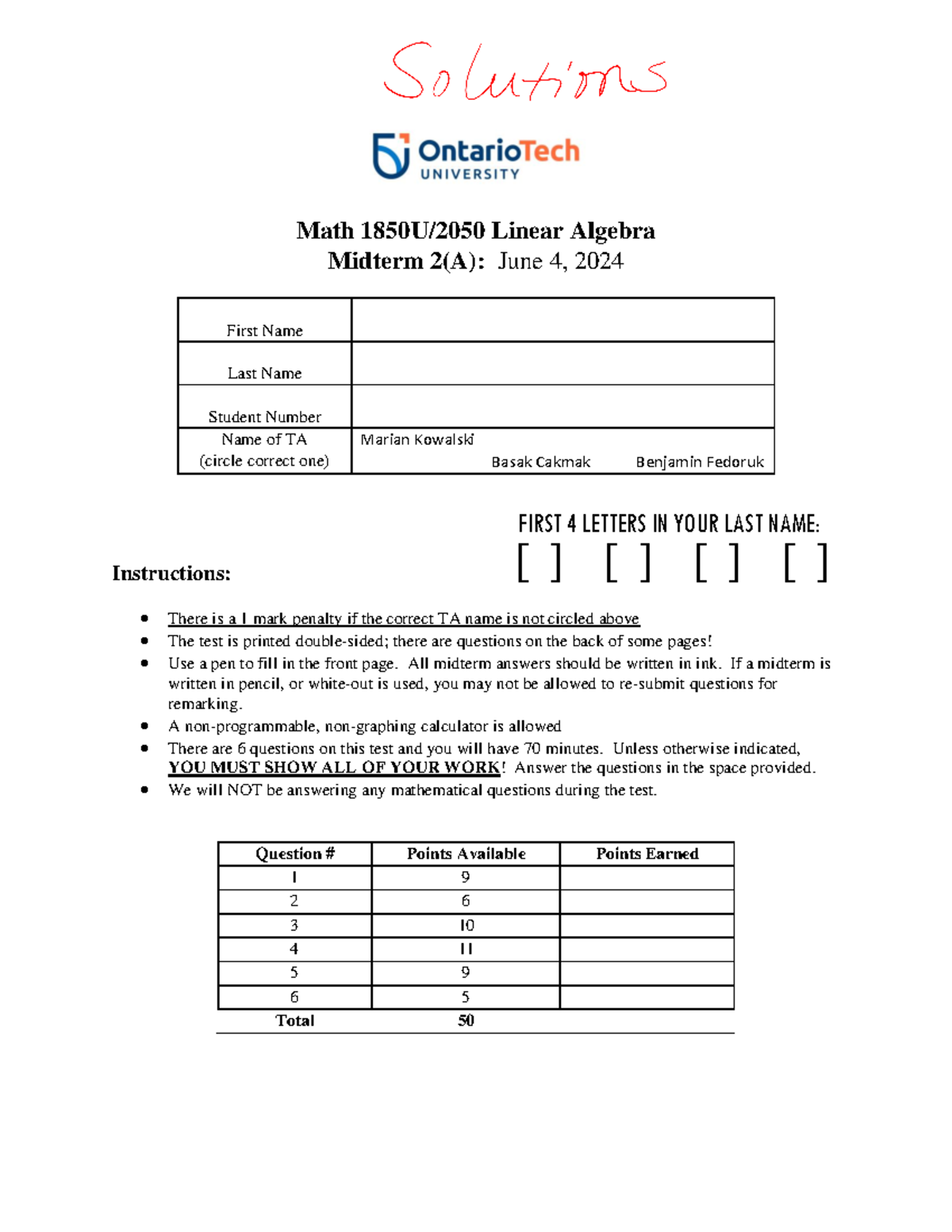 Midterm 2 A(2024)Sol - Math 1 85 0U/2050 Linear Algebra Midterm 2 (A ...