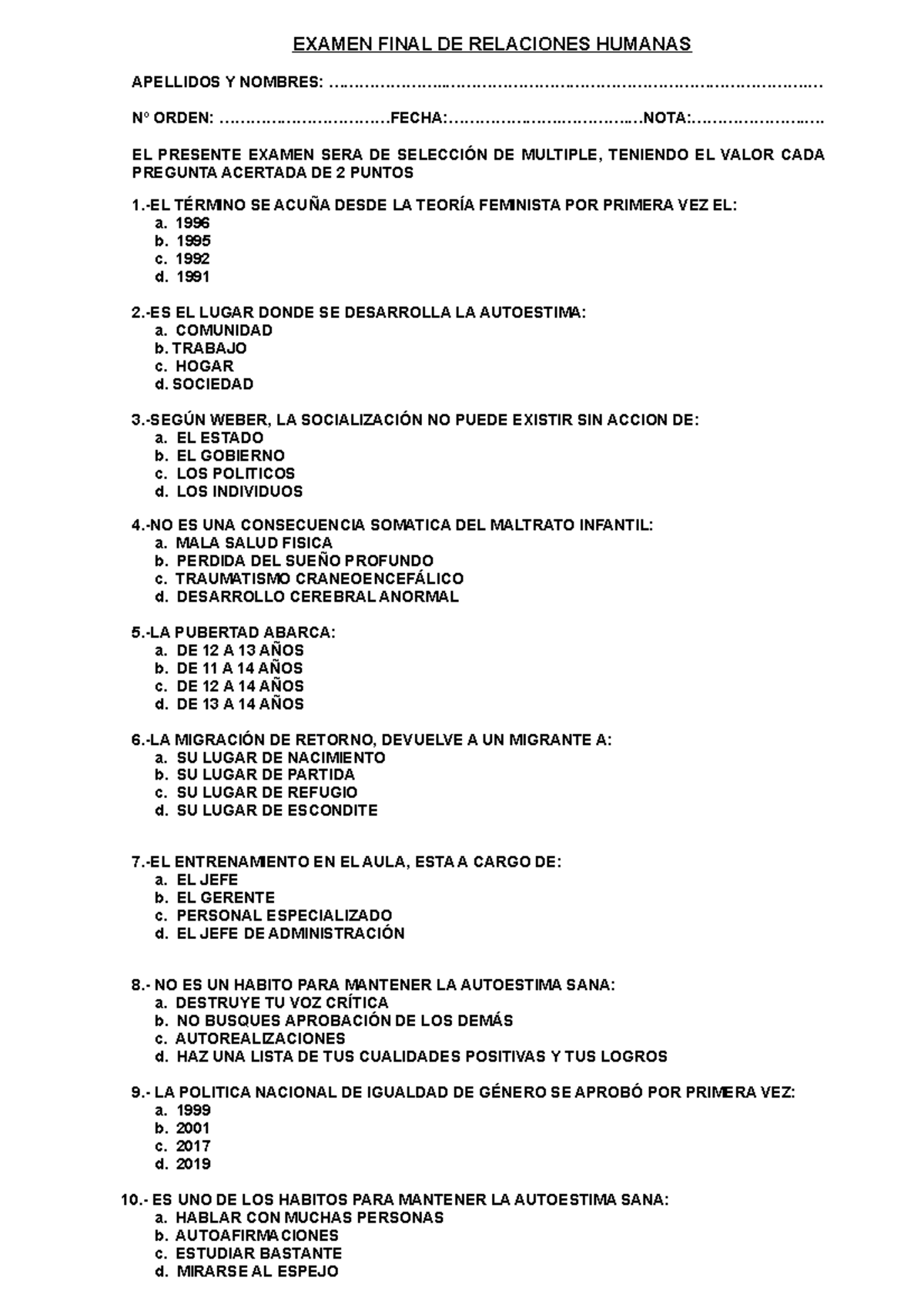 Examen Final DE Relaciones Humanas - EXAMEN FINAL DE RELACIONES HUMANAS ...