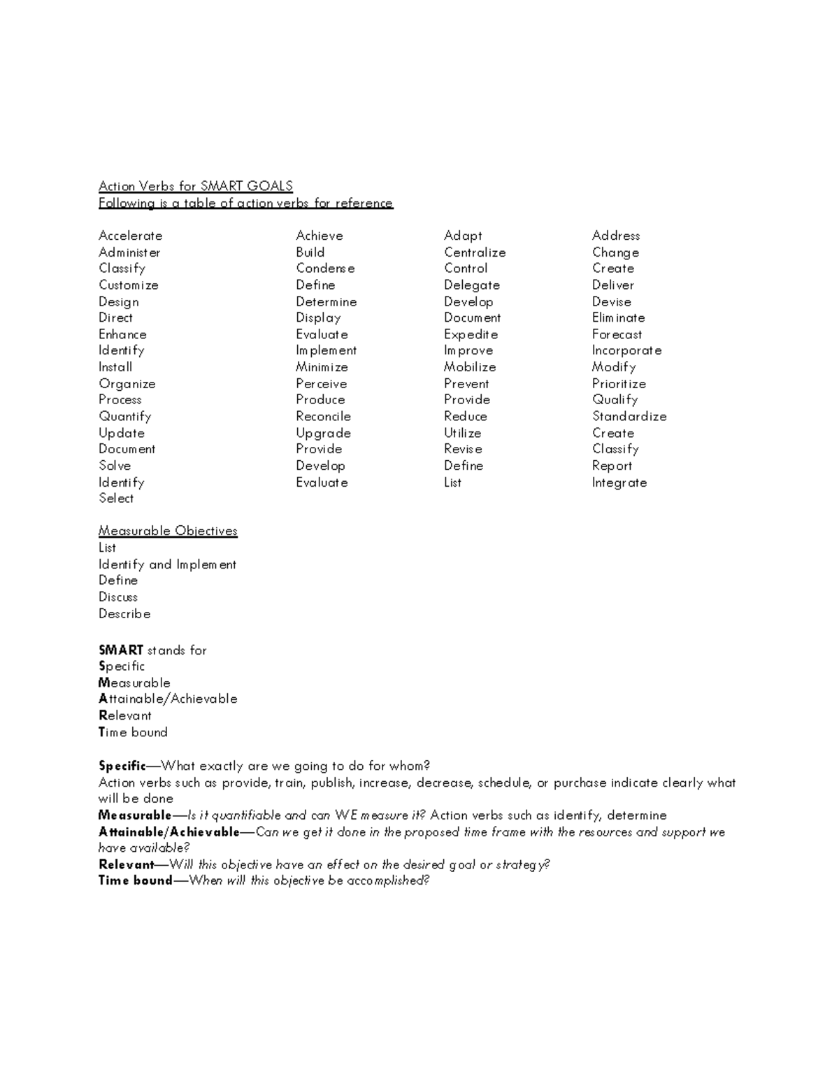 Action Verbs for Smart objectives - Action Verbs for SMART GOALS ...