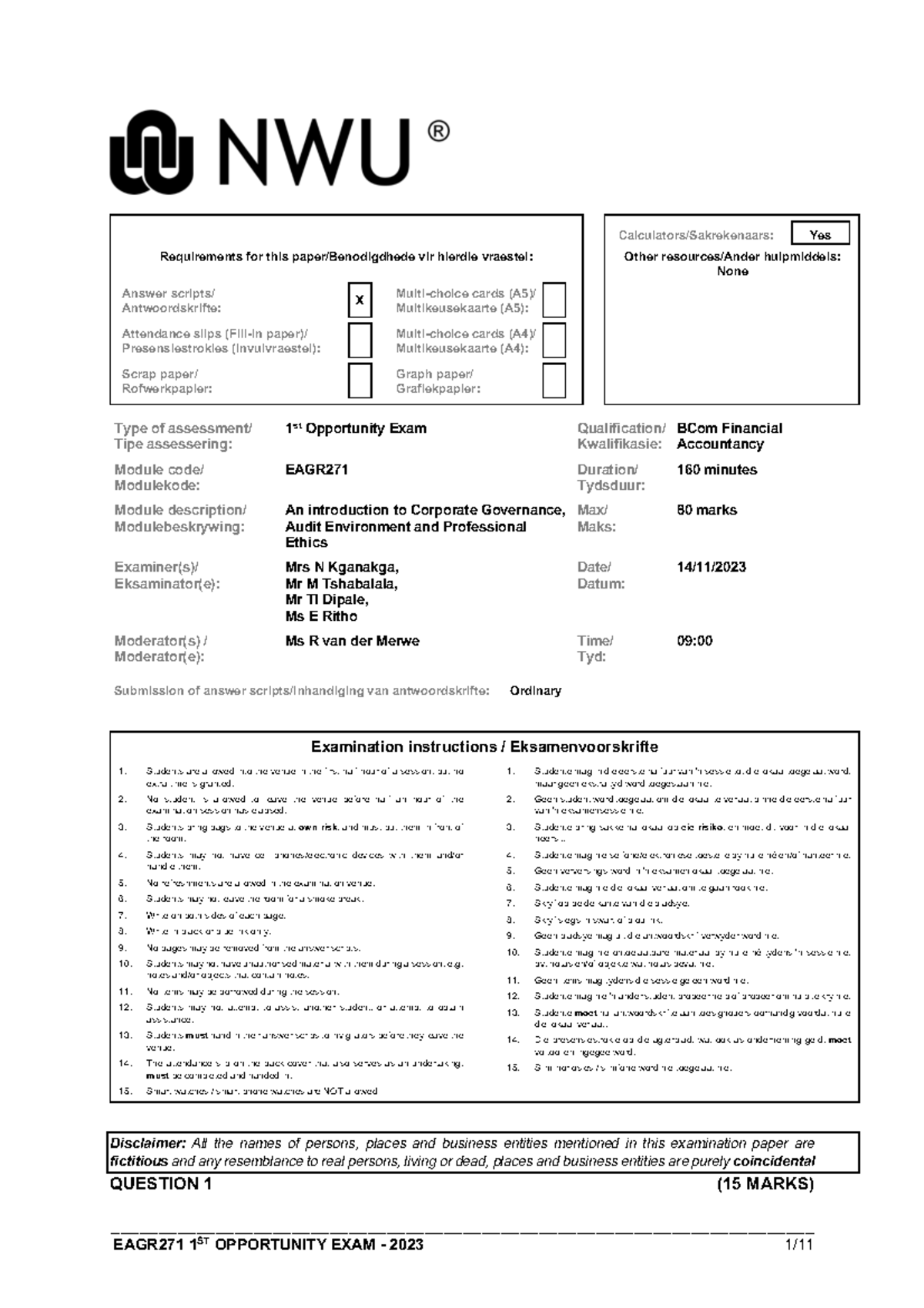 1 - 1st Opportunity Exam 2023. - Calculators/Sakrekenaars: Yes ...