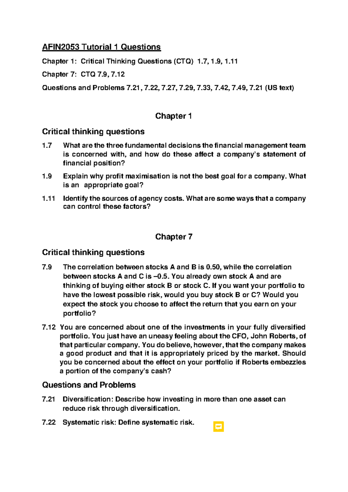 AFIN2053 Tutorial 1 Questions - AFIN2053 Tutorial 1 Questions Chapter 1: Critical Thinking ...