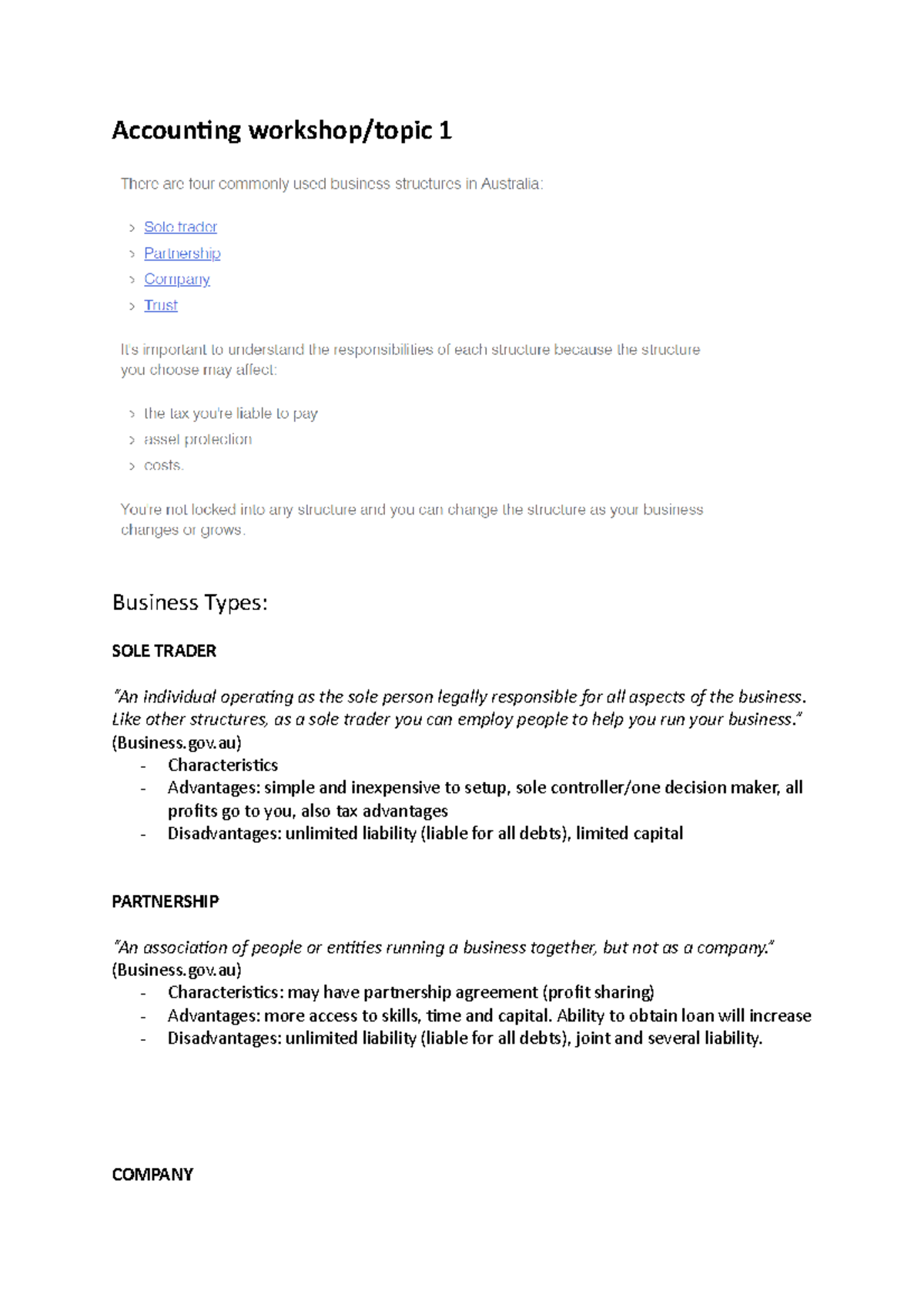 Accounting topic 1 - Accounting workshop/topic 1 Business Types: SOLE ...