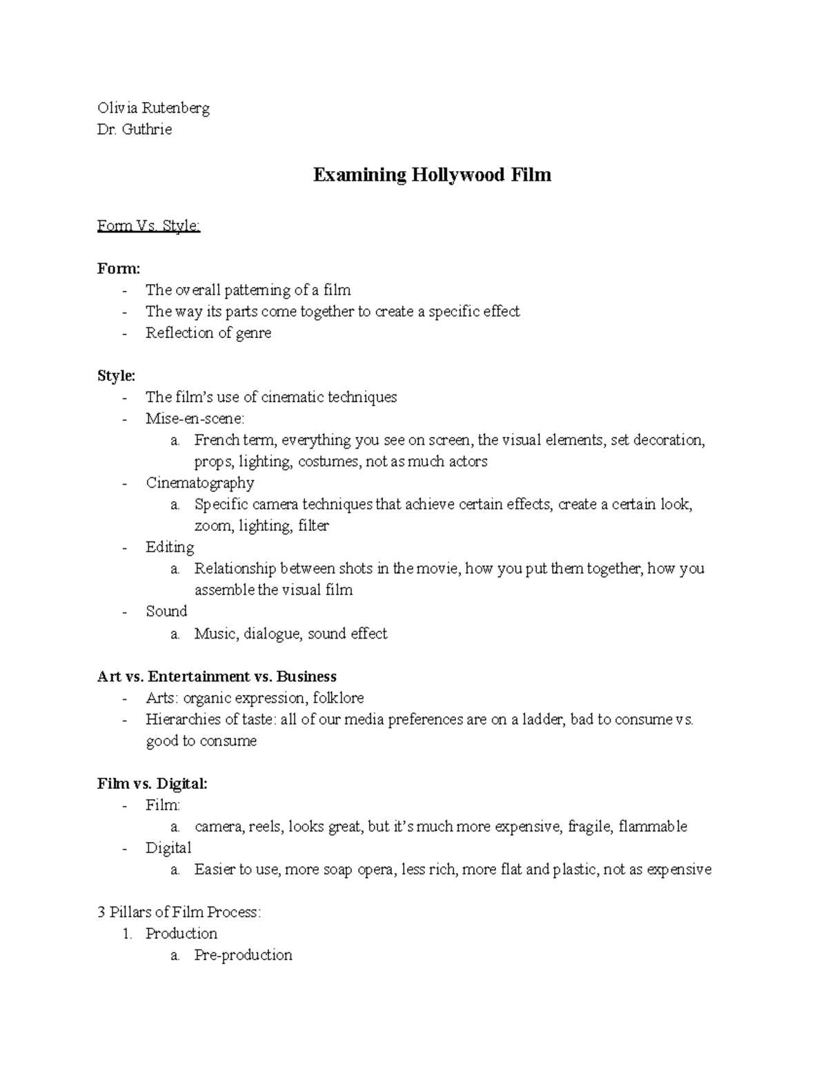 COMM 410 Hollywood Film Notes - Olivia Rutenberg Dr. Guthrie Examining ...