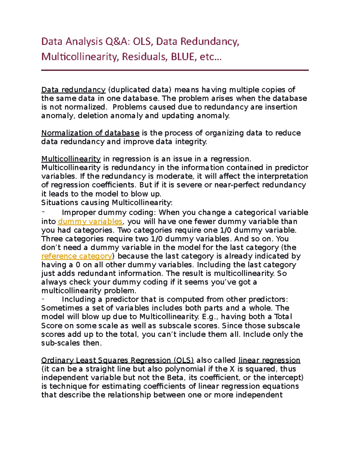 Data Analysis Q&A - Data Analysis Q&A: OLS, Data Redundancy ...