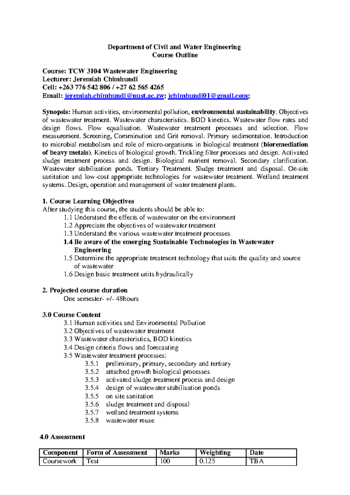 TCW 3104 Course Outline - Department of Civil and Water Engineering ...