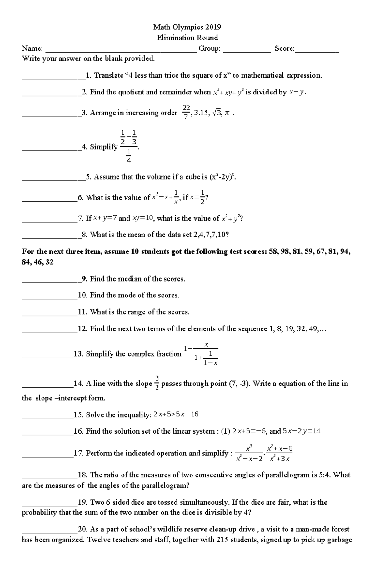 519206089 Math Olympics 2019 - Math Olympics 2019 Elimination Round ...
