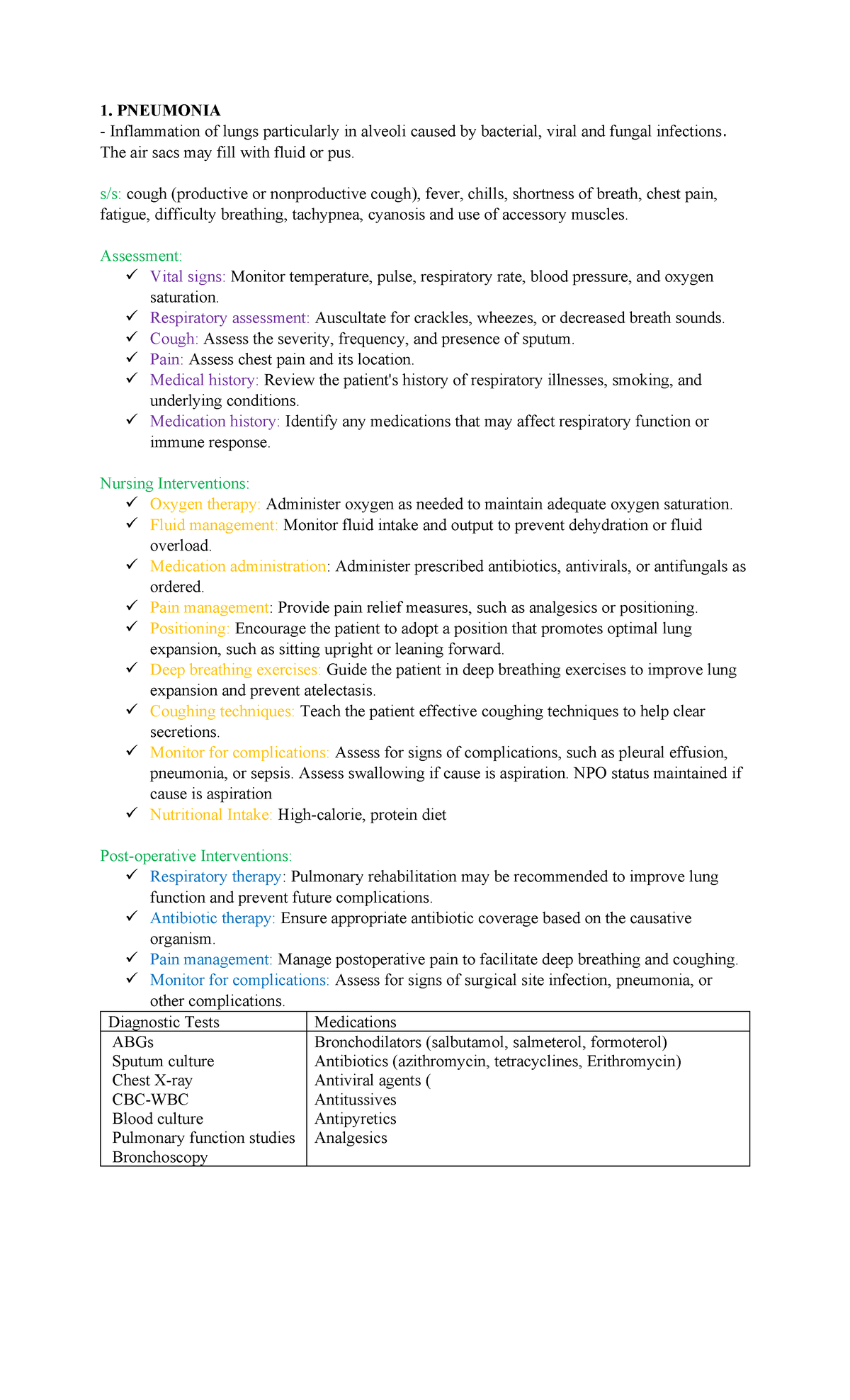 Diseases - notes - 1. PNEUMONIA Inflammation of lungs particularly in ...