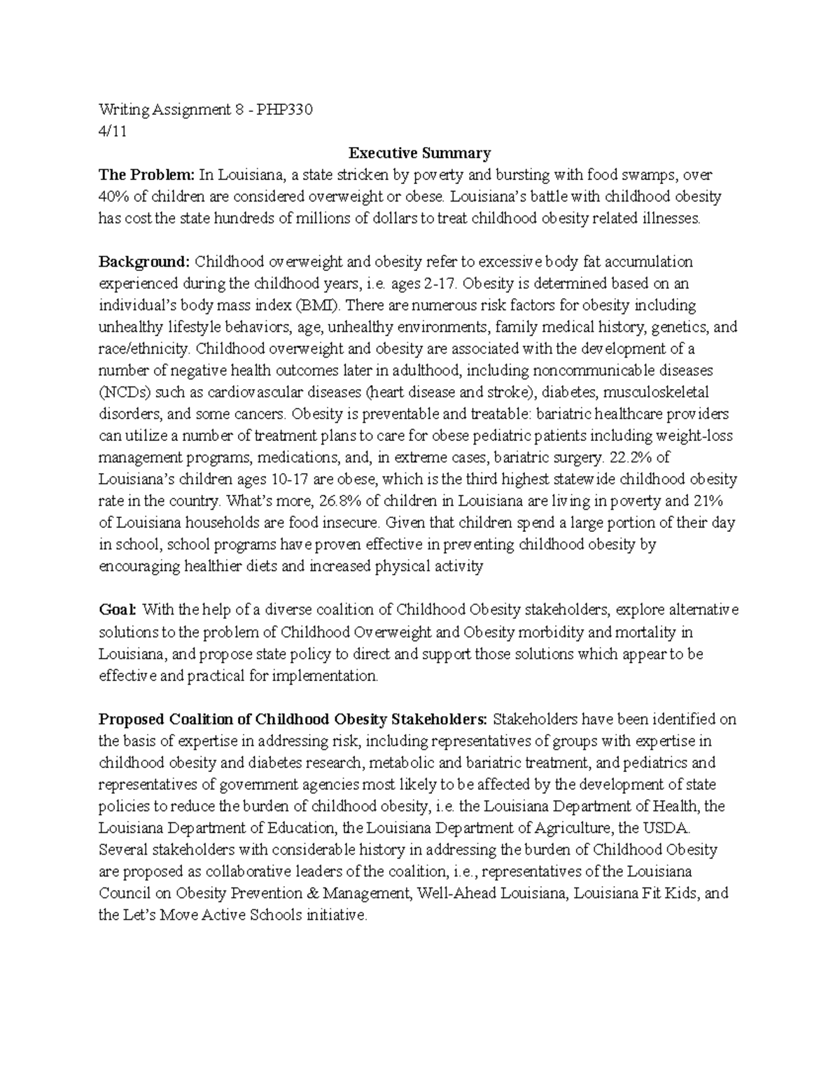 Writing Assignment 8 Executive Summary - Writing Assignment 8 - PHP 4 ...