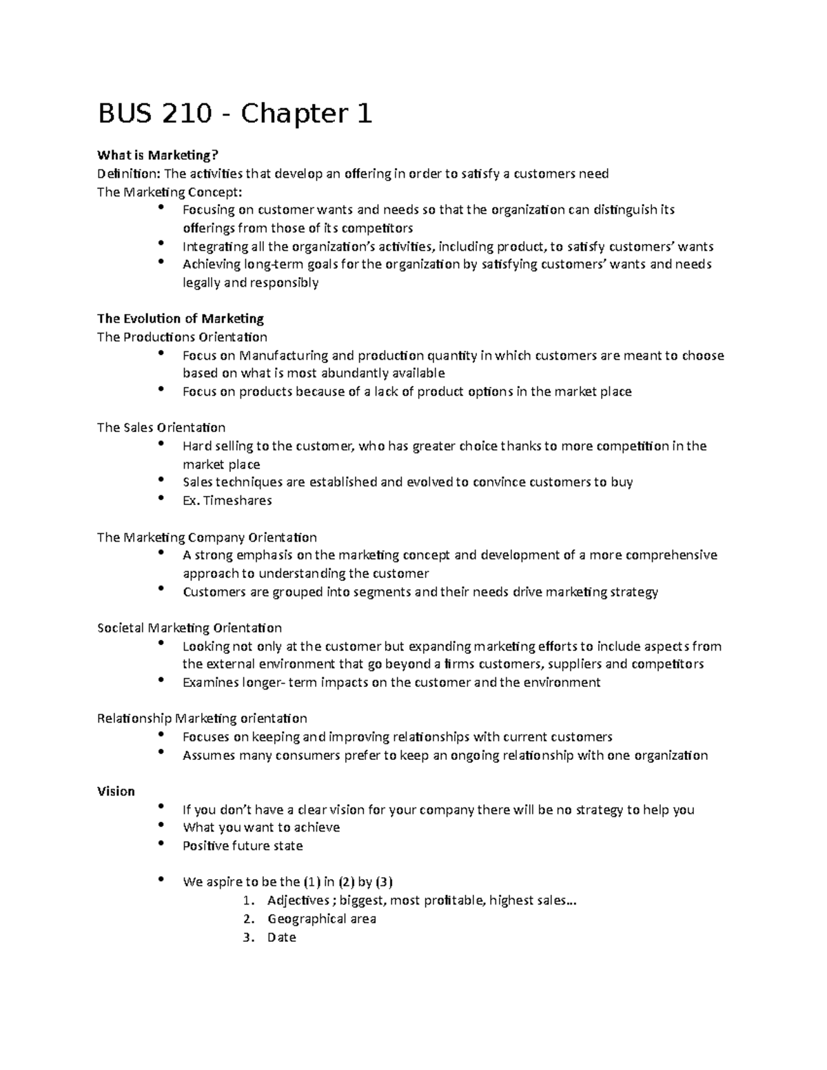 BUS 210 Chapter 1 Notes - BUS 210 - Chapter 1 What is Marketing ...