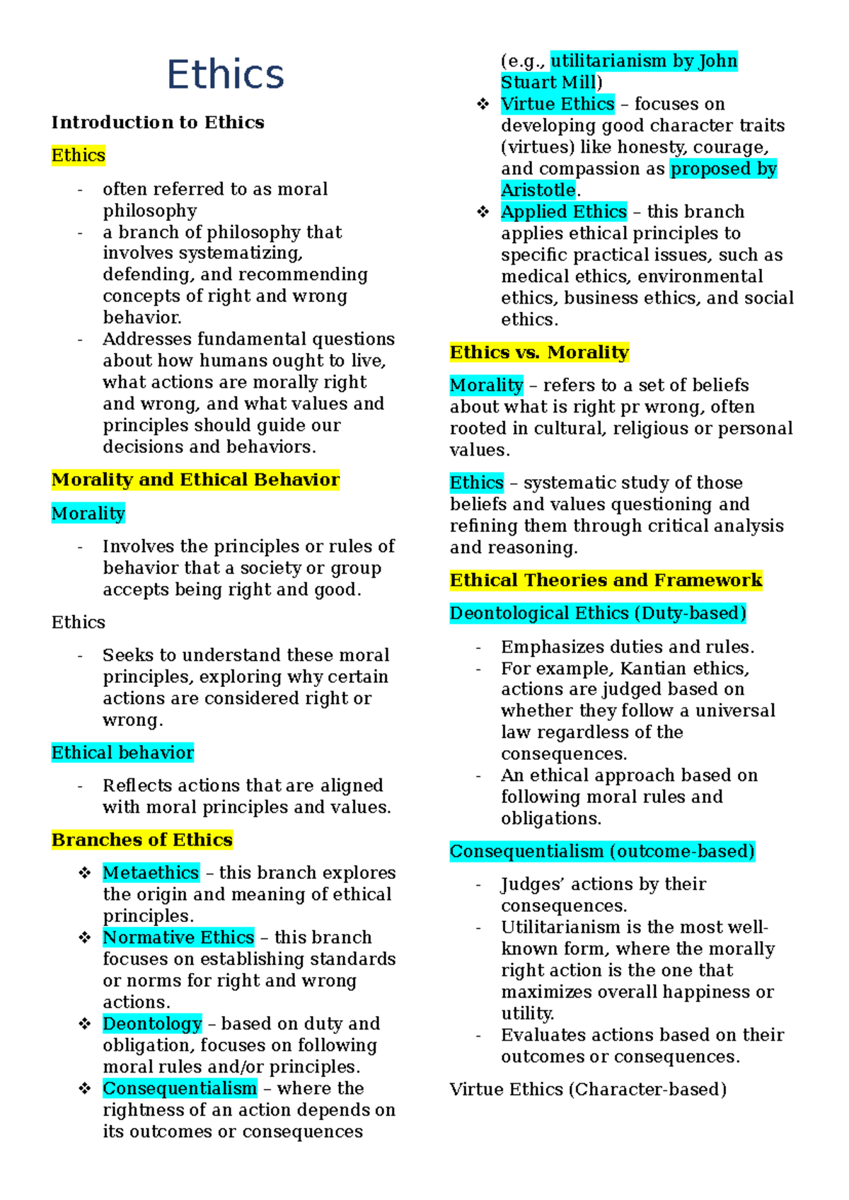 Ethics (Notes) - hope it helps. - Ethics Introduction to Ethics Ethics ...