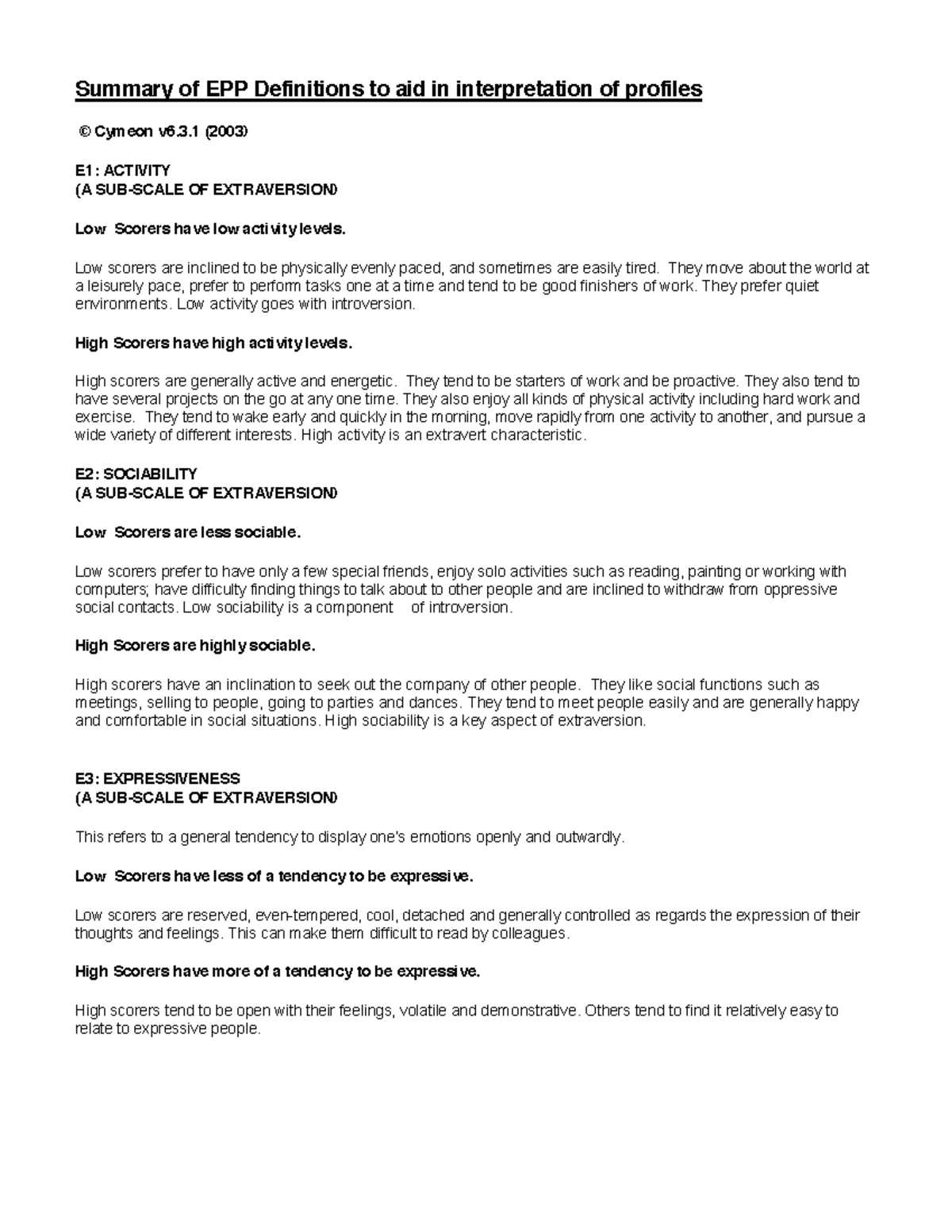 Summary of EPP Definitions v.6 - 3 (2003) E1: ACTIVITY (A OF ...