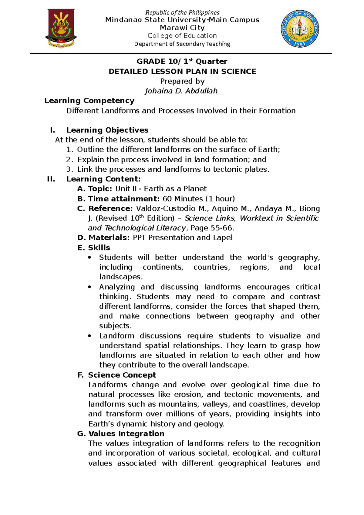 Grade 10 DLP Lesson 2 - Other types of Landforms - GRADE 10/ 1st ...