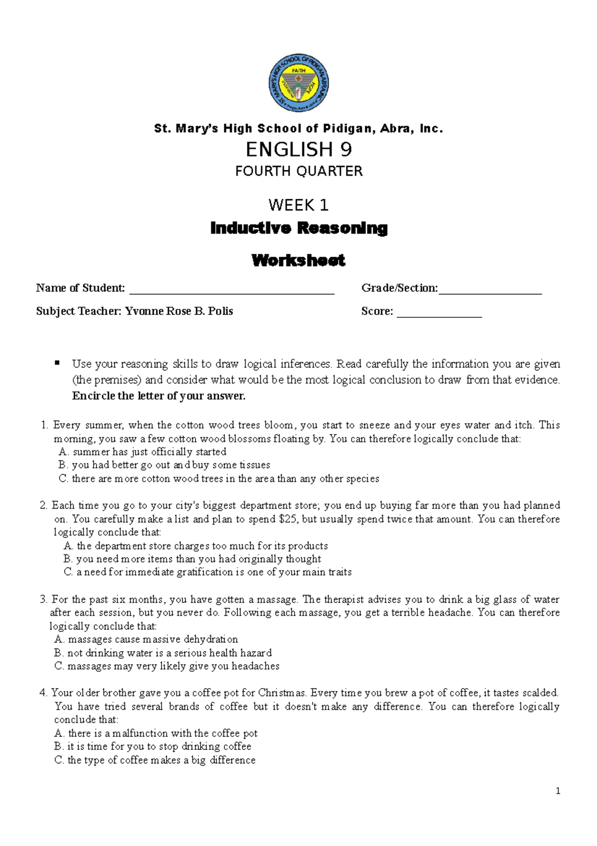 English 9 week 1 4th quarter worksheet - St. Mary’s High School of ...