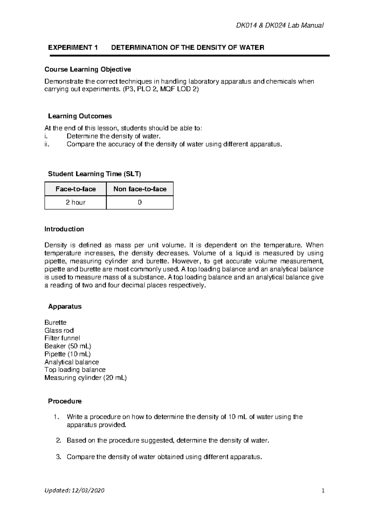 Eksperimen Density OF Water - DK014 & DK024 Lab Manual EXPERIMENT 1 ...
