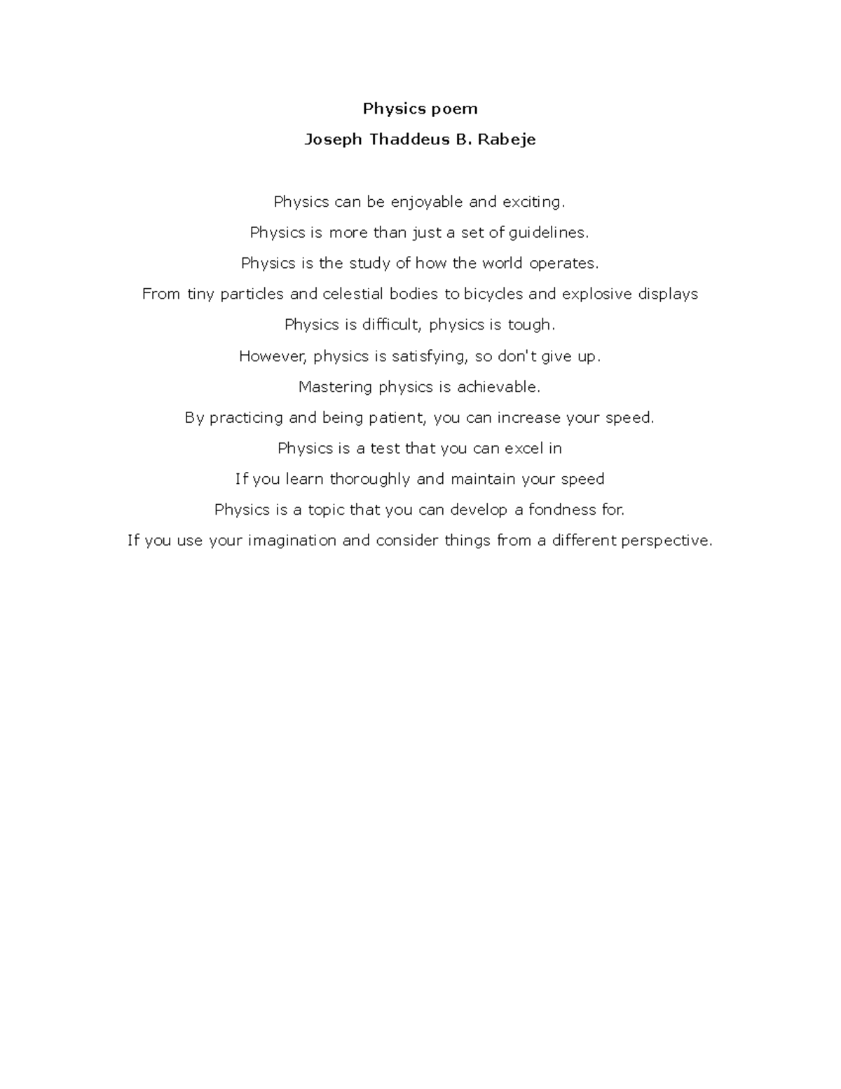 Joseph thaddeus b rabeje, physics poem - Physics poem Joseph Thaddeus B ...