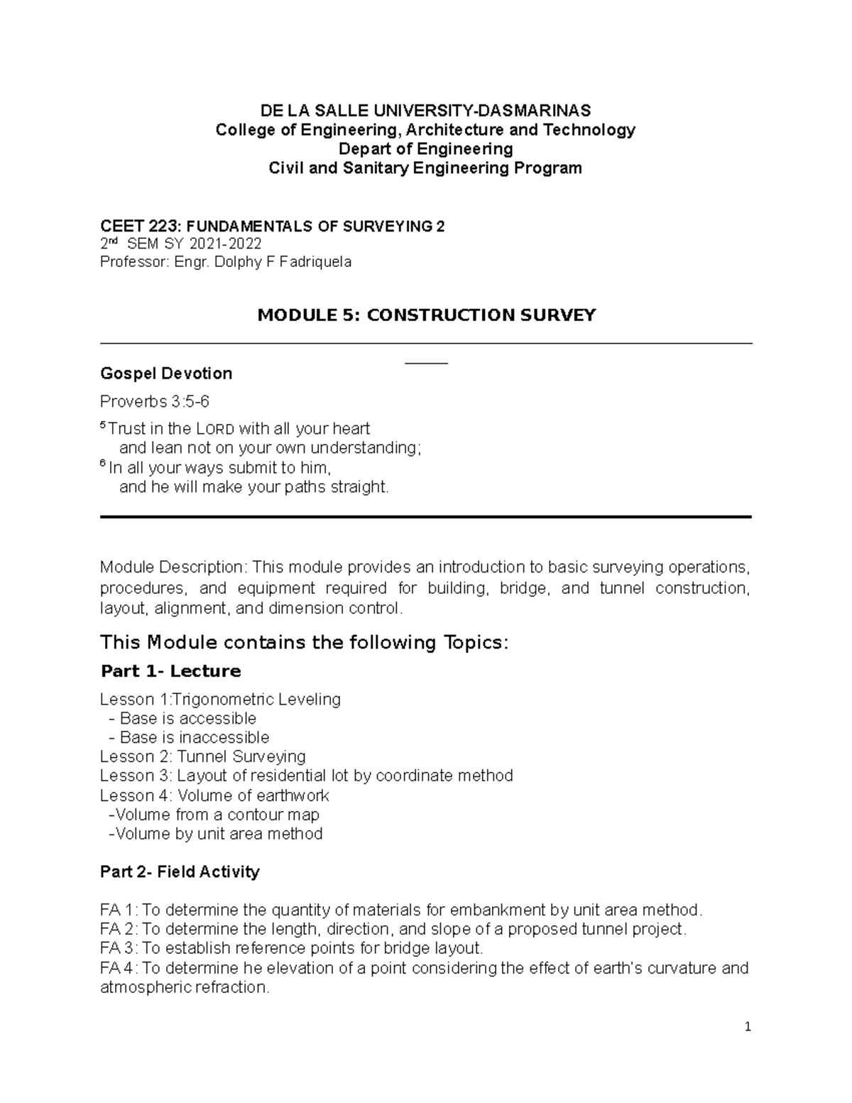 Module 5 Construction Survey - DE LA SALLE UNIVERSITY-DASMARINAS ...