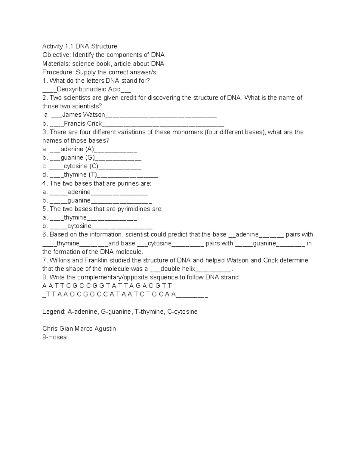 Activity 4 - Activity 1 DNA Structure Objective: Identify the ...