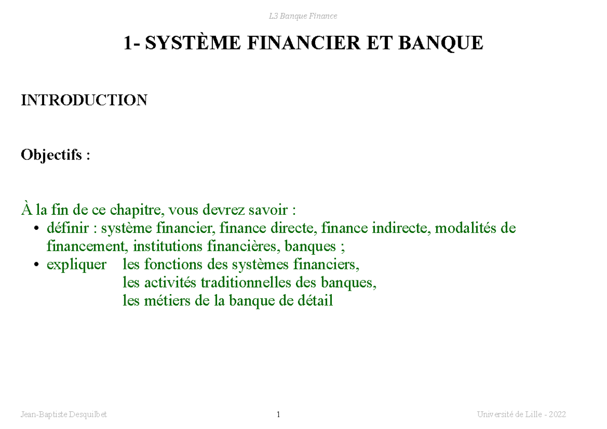 Banque finance Chap 1 - 1- SYSTÈME FINANCIER ET BANQUE INTRODUCTION ...