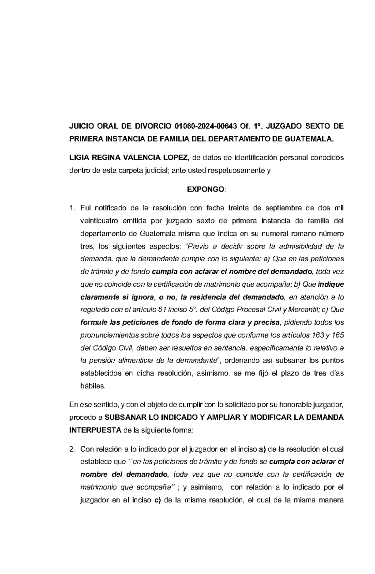 Memorial Subsanacion de Previo Civil Diego Lobos - JUICIO ORAL DE ...