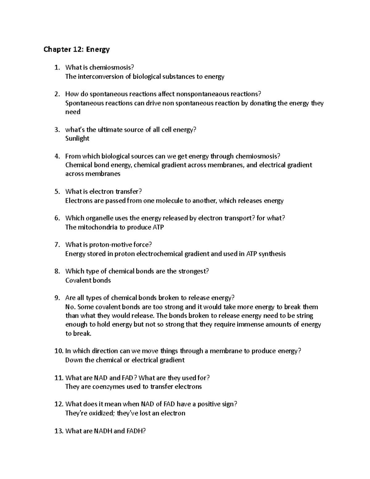Practice Questions (Cell:Molec Ch 12) - Chapter 12: Energy What is ...