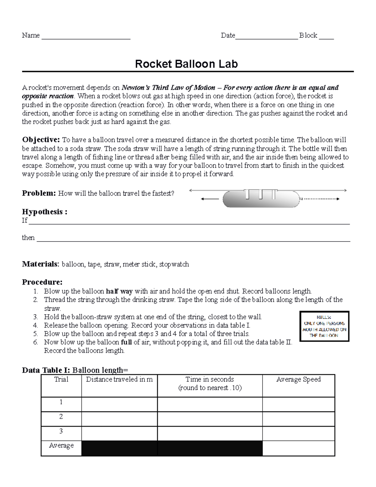 Balloon racket activity - Name ________________________ Date ...