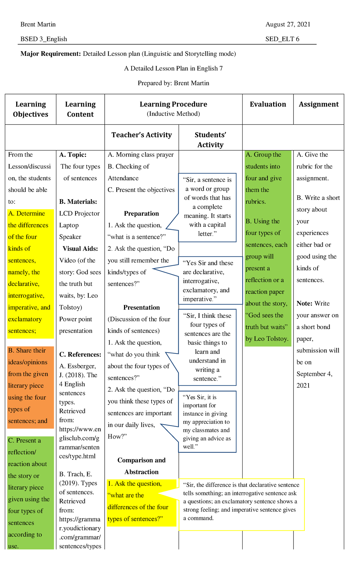 SED ELT 6 Detailed Lesson Plan Brent Martin - Brent Martin August 27 ...