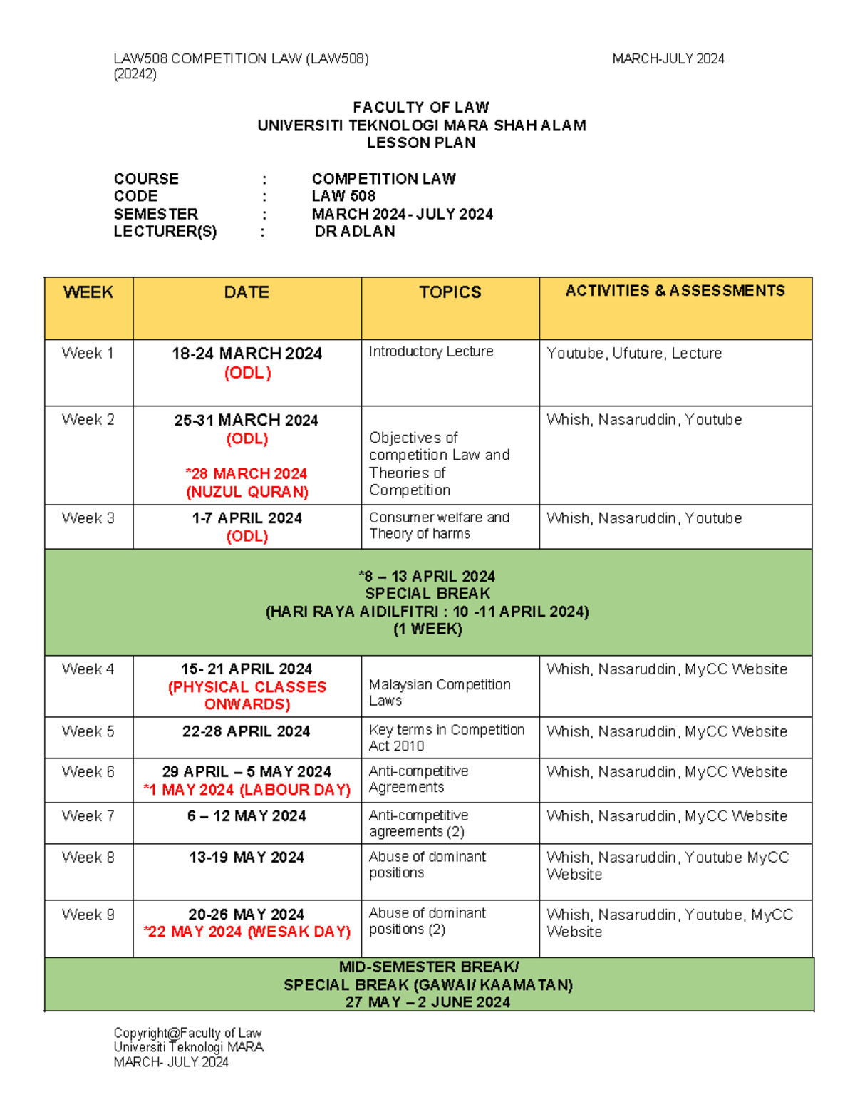 Ui Tmlaw Lesson PLAN FOR SEM March - JULY 2024 - LAW508 COMPETITION LAW ...