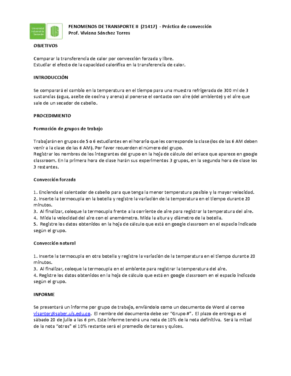 Pr ctica de convecci n - FENOMENOS DE TRANSPORTE II (21417) - Práctica de convección P rof ...