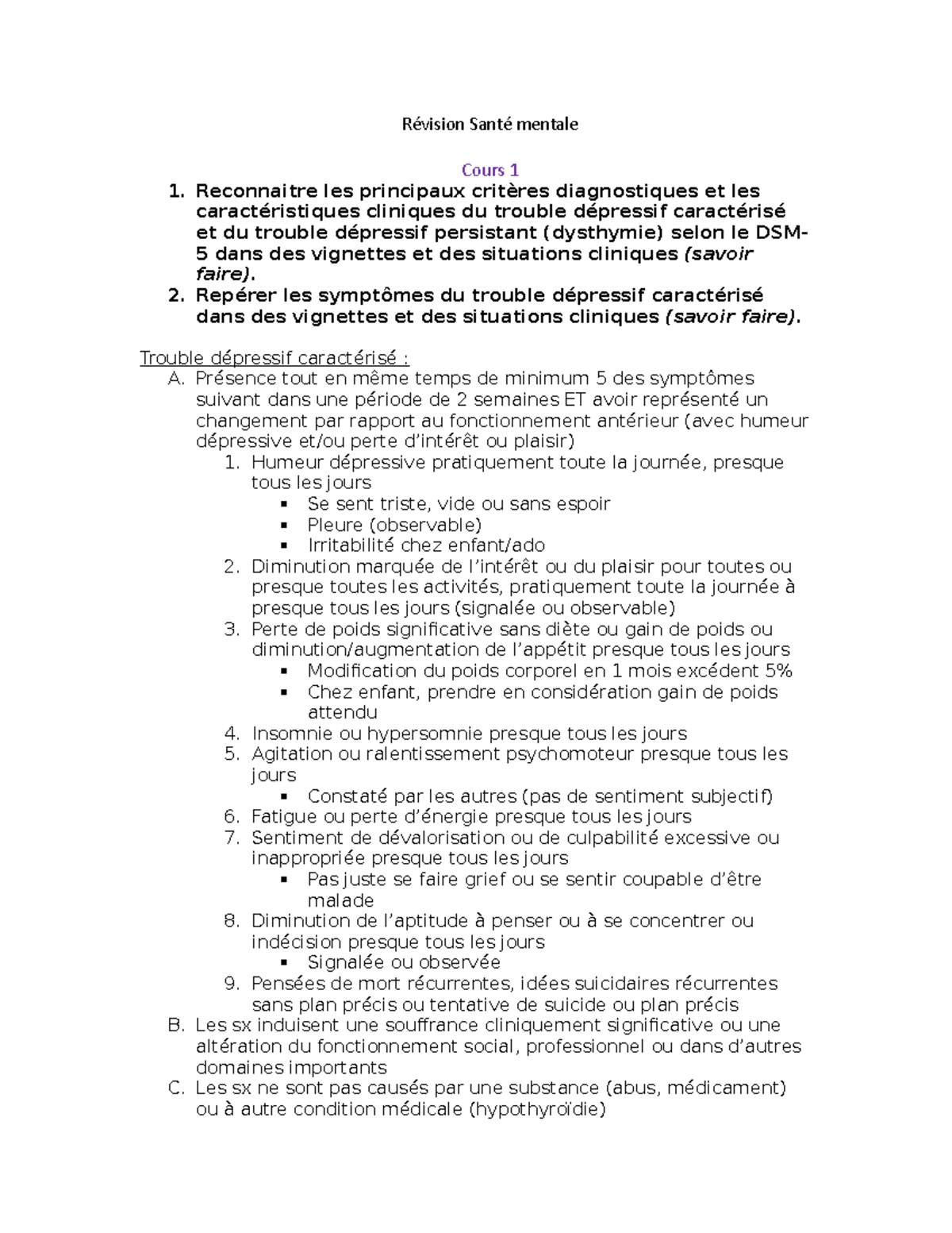 Révision-Santé-mentale - Révision Santé mentale Cours 1 Reconnaitre les ...
