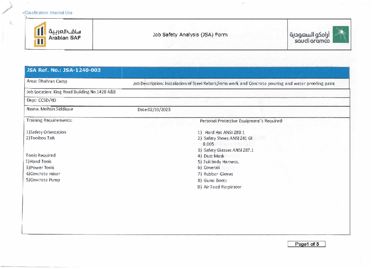 Approved jsa Steel and Form work - Classification: Internal Use '• a 1 ...