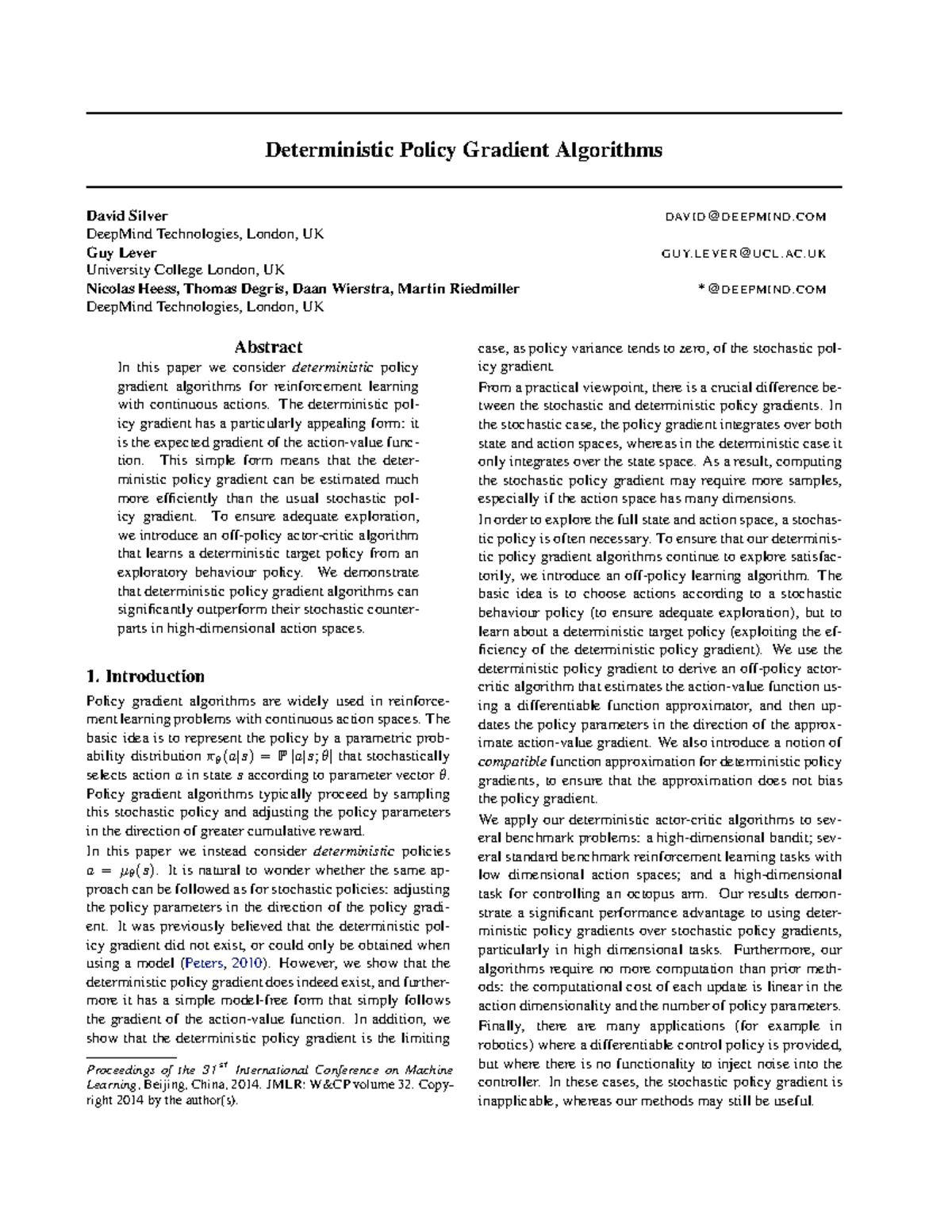 Silver 14 - Deterministic Policy Gradient Algorithms David Silver ...